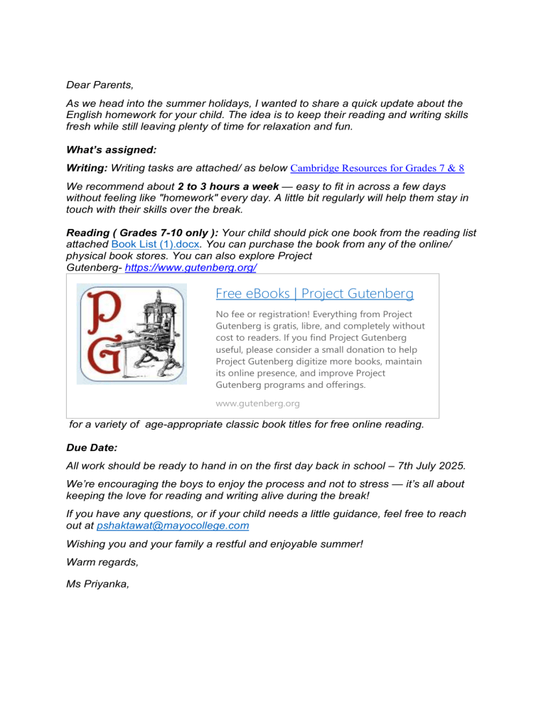 Summer English Homework for Grades 7-10