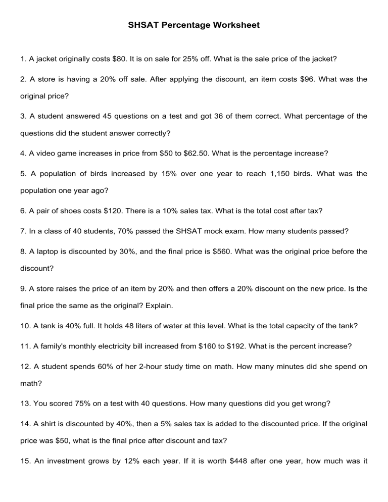 SHSAT Percentage Worksheet: Practice Problems