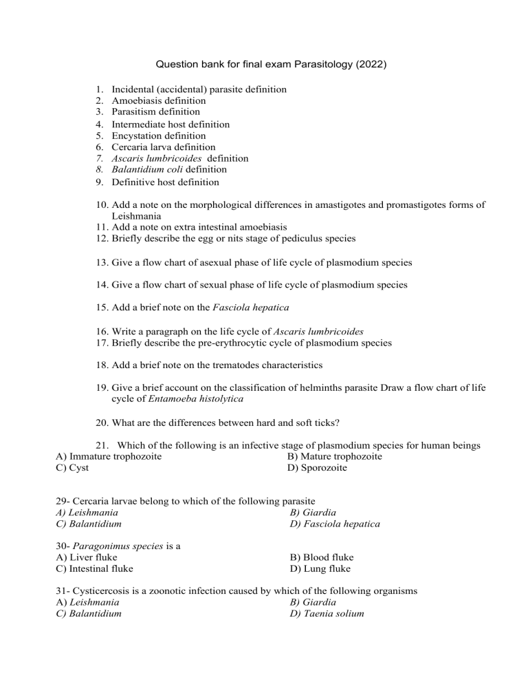 Parasitology Exam Questions: Parasites & Life Cycles
