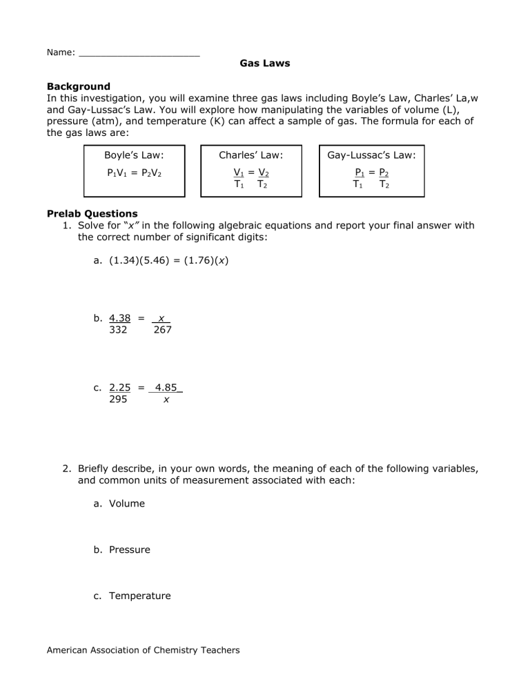 Gas Laws Worksheet: Boyle's, Charles', Gay-Lussac's
