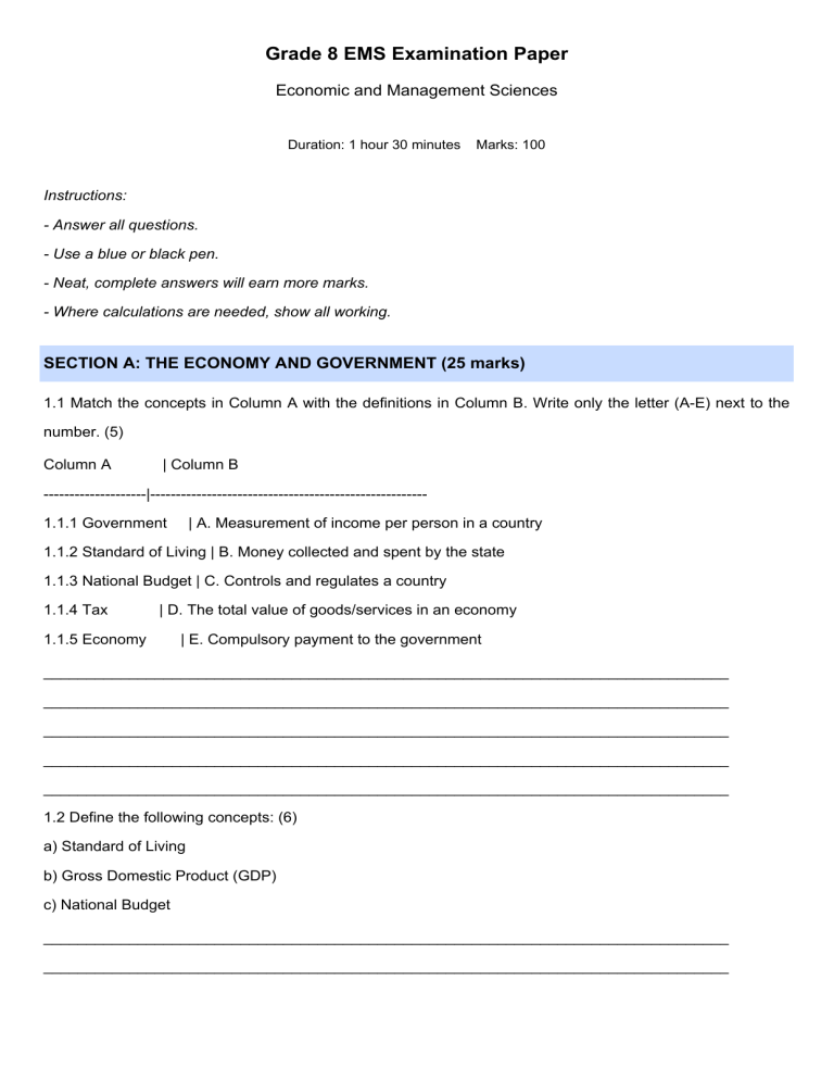 Grade 8 EMS Exam: Economics, Accounting Concepts & Cycle