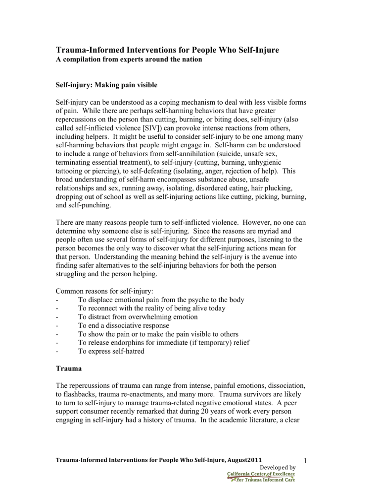 Trauma-Informed Interventions for Self-Injury