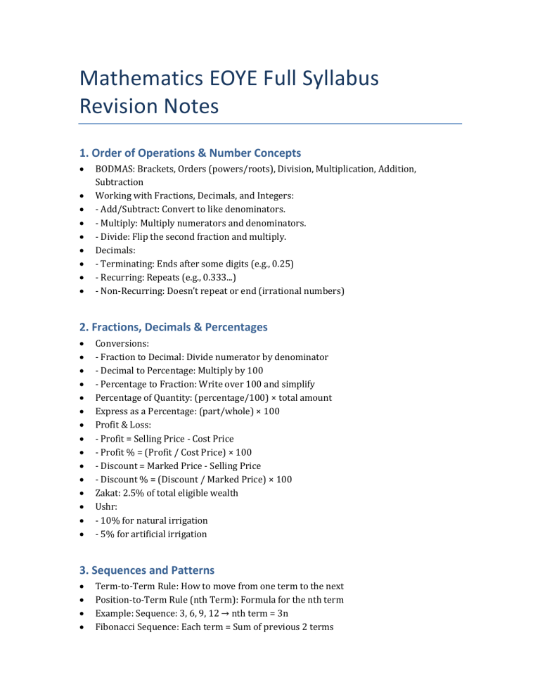Math Revision Notes: Full Syllabus for EOYE Exam Prep