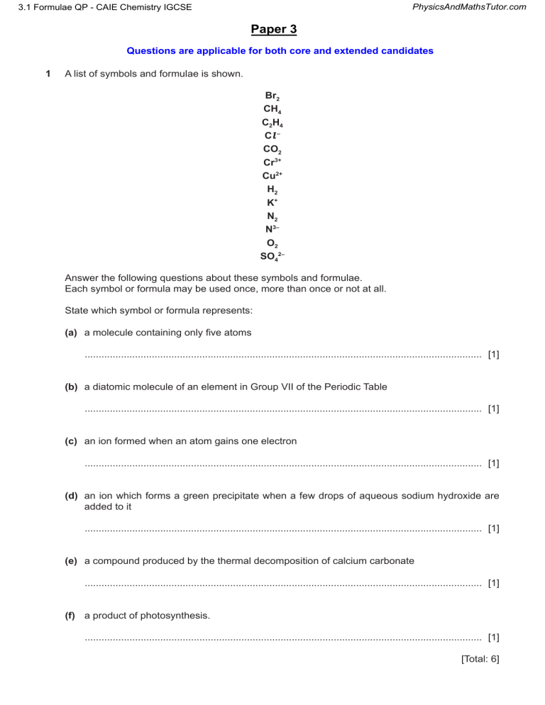 Chemistry IGCSE: Formulae Exam Questions