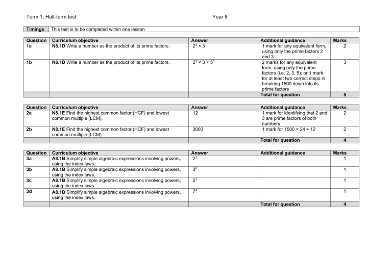 Year 8 Math Test: Prime Factors, Algebra, Equations