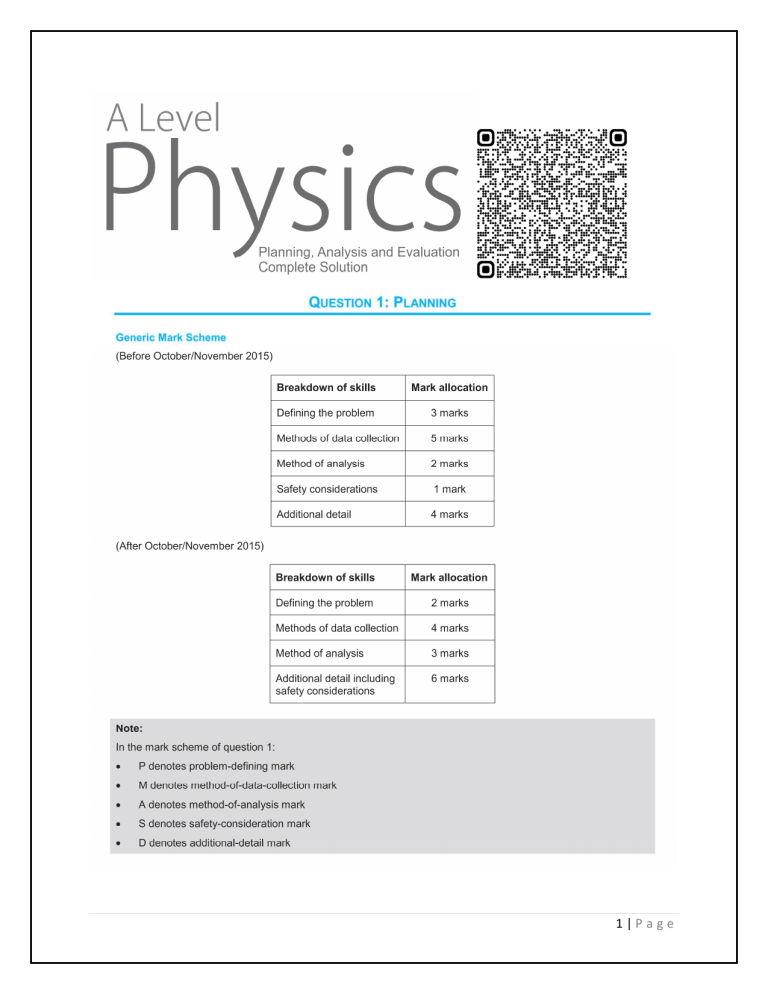 A Level Physics Mark Scheme: Planning Question
