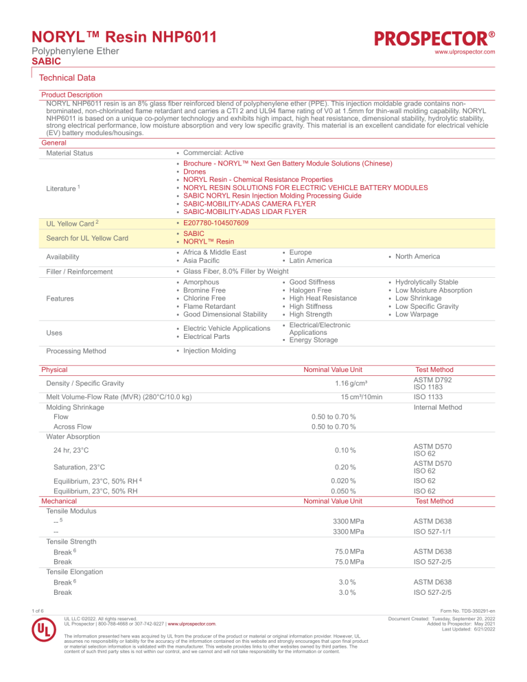 NORYL NHP6011 Resin Data Sheet | PPE Blend Properties