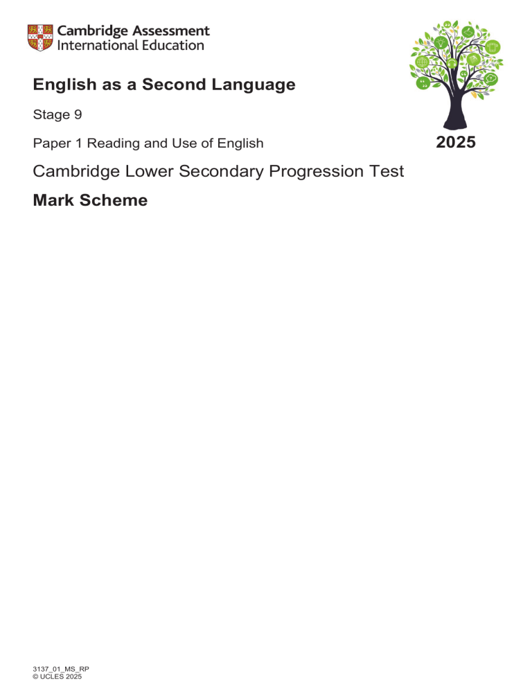 ESL Stage 9 Reading & Use of English Mark Scheme
