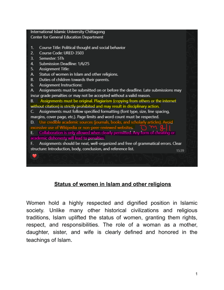 Women in Islam & Duties to Parents - College Assignment