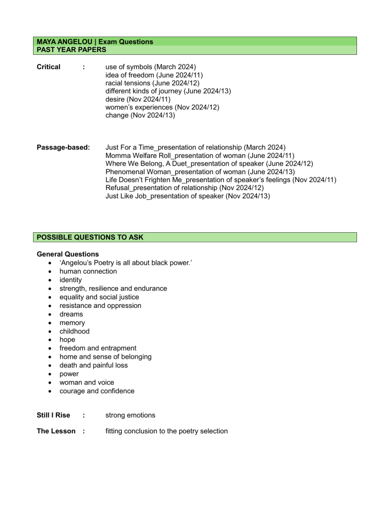 Maya Angelou Poetry Exam Questions & Study Guide
