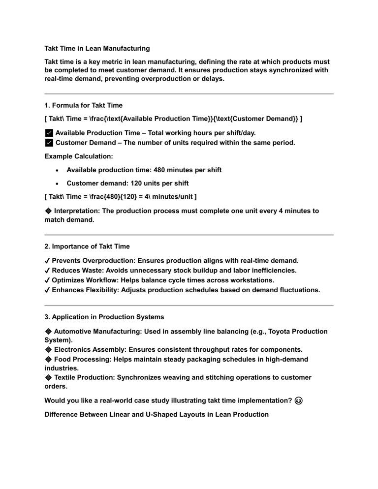 Lean Manufacturing: Takt Time, Layouts & Open-Plan Production