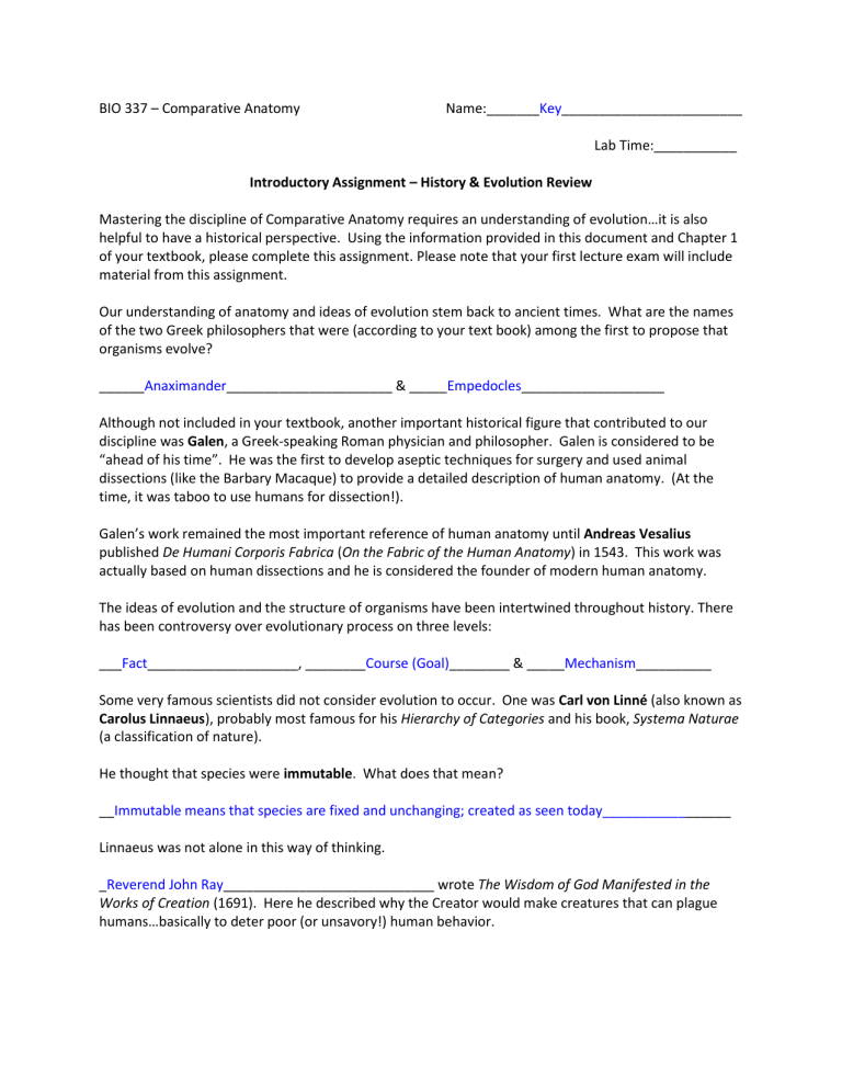 Comparative Anatomy: History & Evolution Assignment