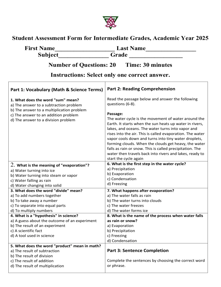 Intermediate Grade Assessment: Math & Science Vocabulary
