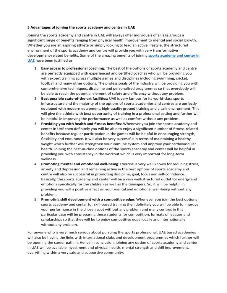 Sports Academy Benefits in UAE: Coaching, Fitness, Skill Development