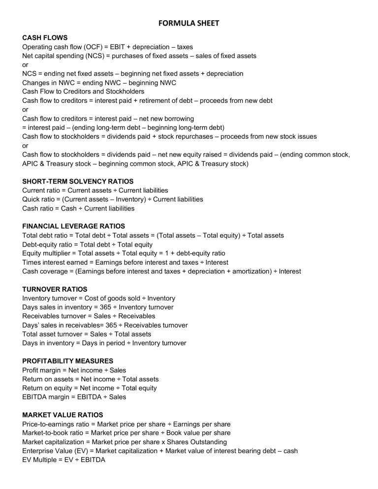 Finance Formula Sheet: Ratios, Cash Flow, & Valuation