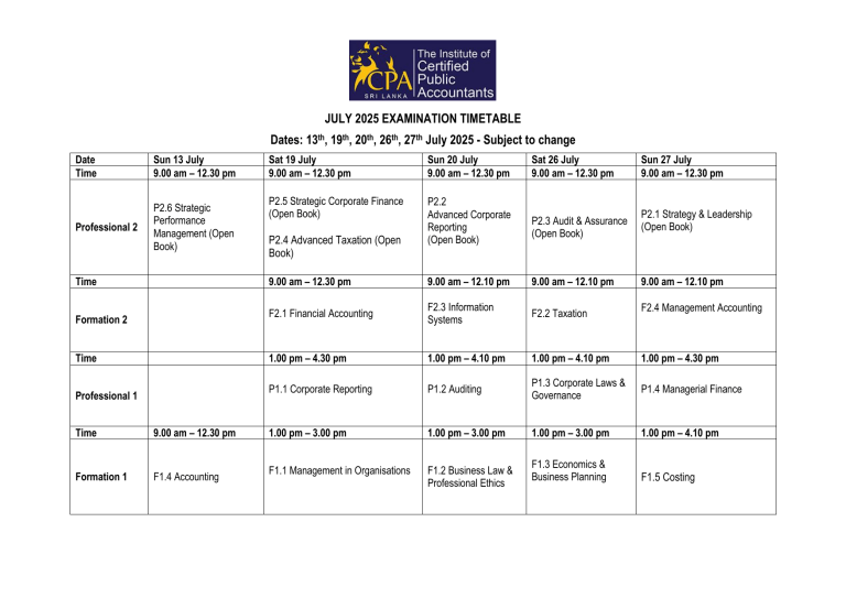 July 2025 CPA Exam Timetable - Sri Lanka
