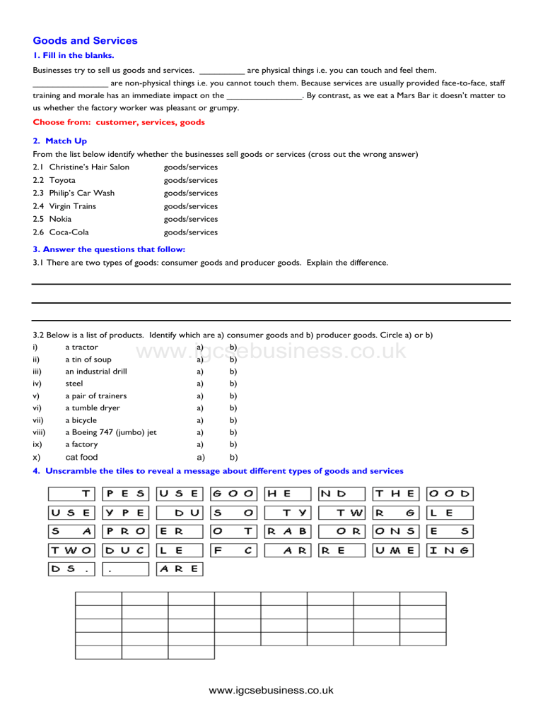 Goods and Services Worksheet: Business Studies