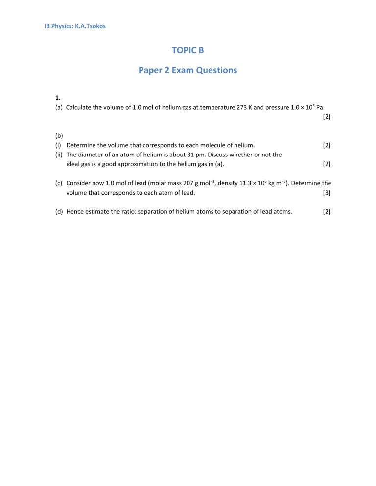 IB Physics Exam Questions: Topic B - Gas Laws & Thermodynamics