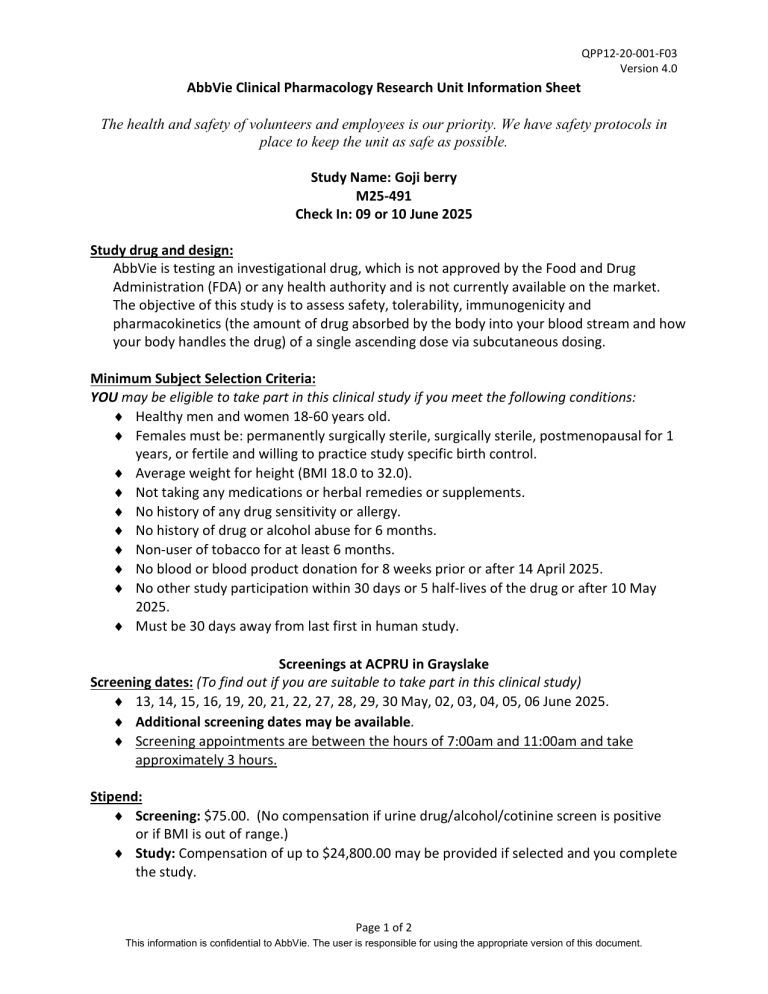 AbbVie Goji Berry Clinical Study Information Sheet