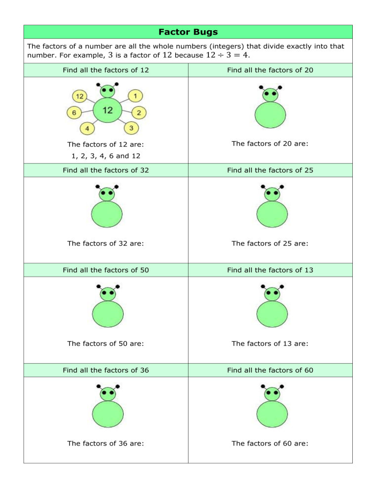 Factor Bugs Worksheet: Find the Factors of Numbers