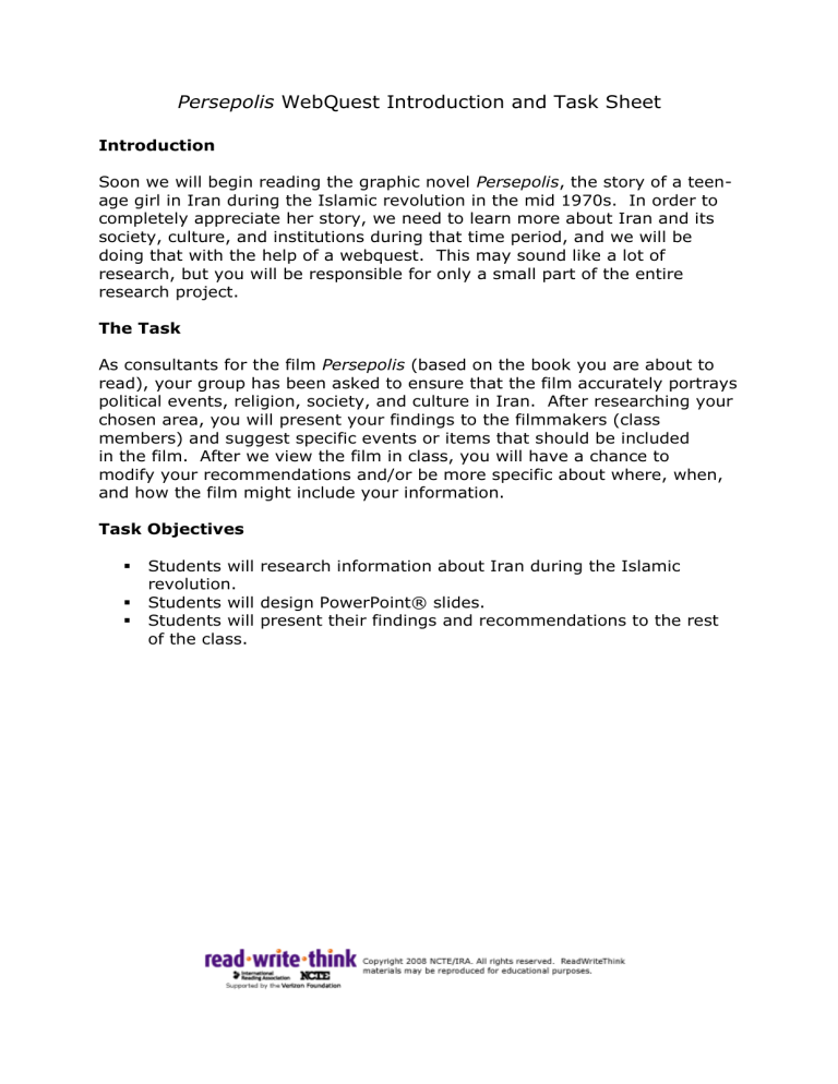Persepolis WebQuest: Iran & Islamic Revolution Project