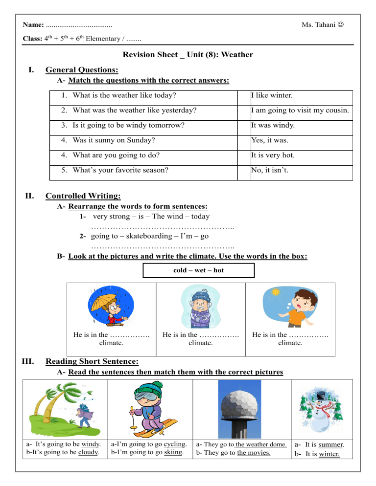 Weather Revision Sheet for Elementary Students