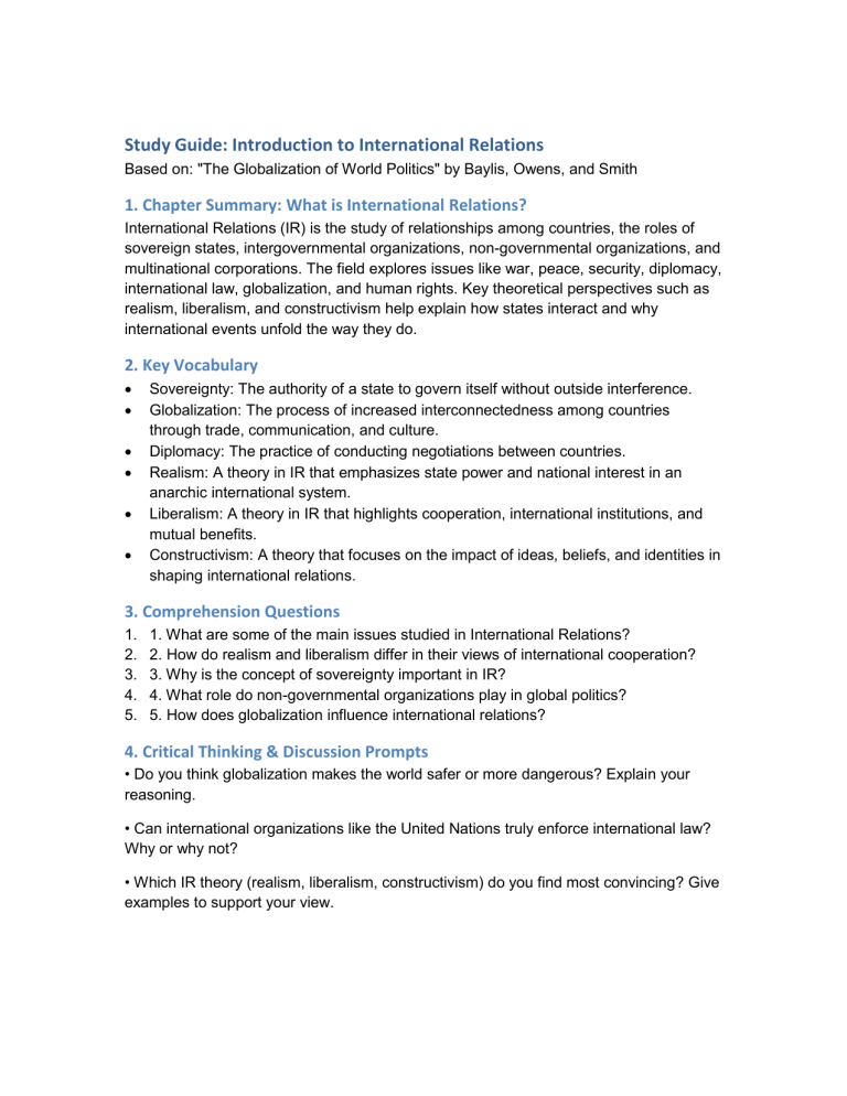 International Relations Study Guide: Key Concepts & Theories
