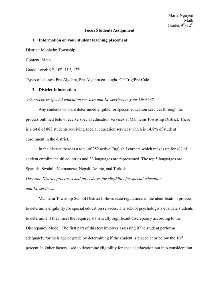 Focus Students Assignment: Math, Grades 9-12