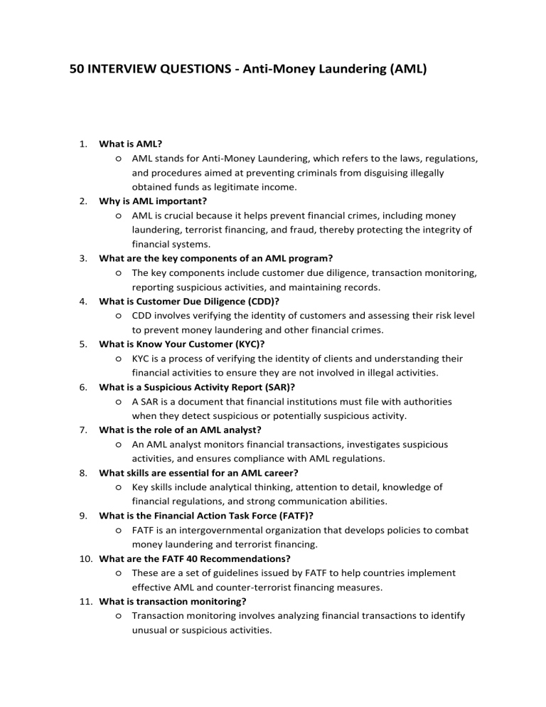 AML Interview Questions: Anti-Money Laundering Guide