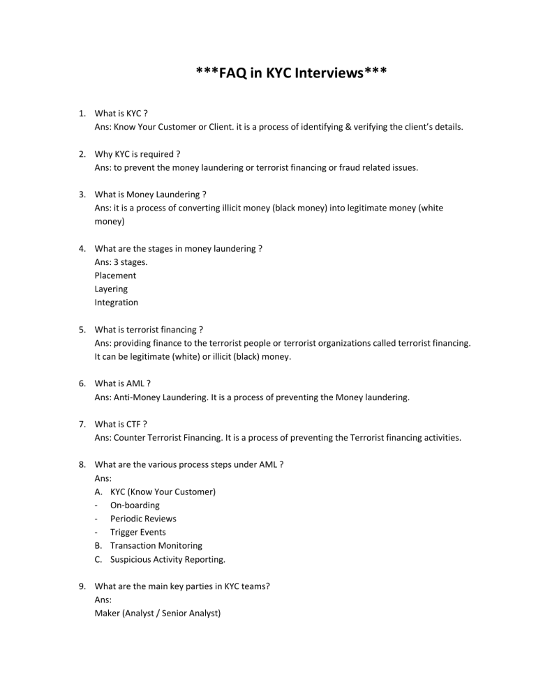 KYC, AML & CTF Interview FAQs: Know Your Customer Guide