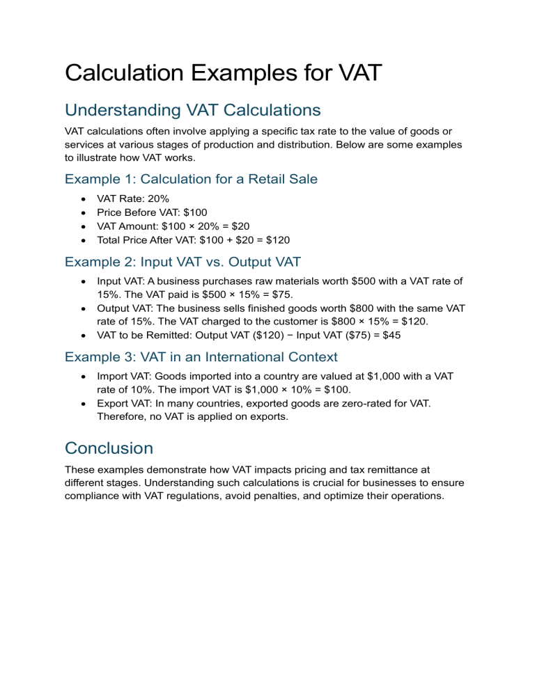 VAT Calculation Examples: Retail, Input/Output, International