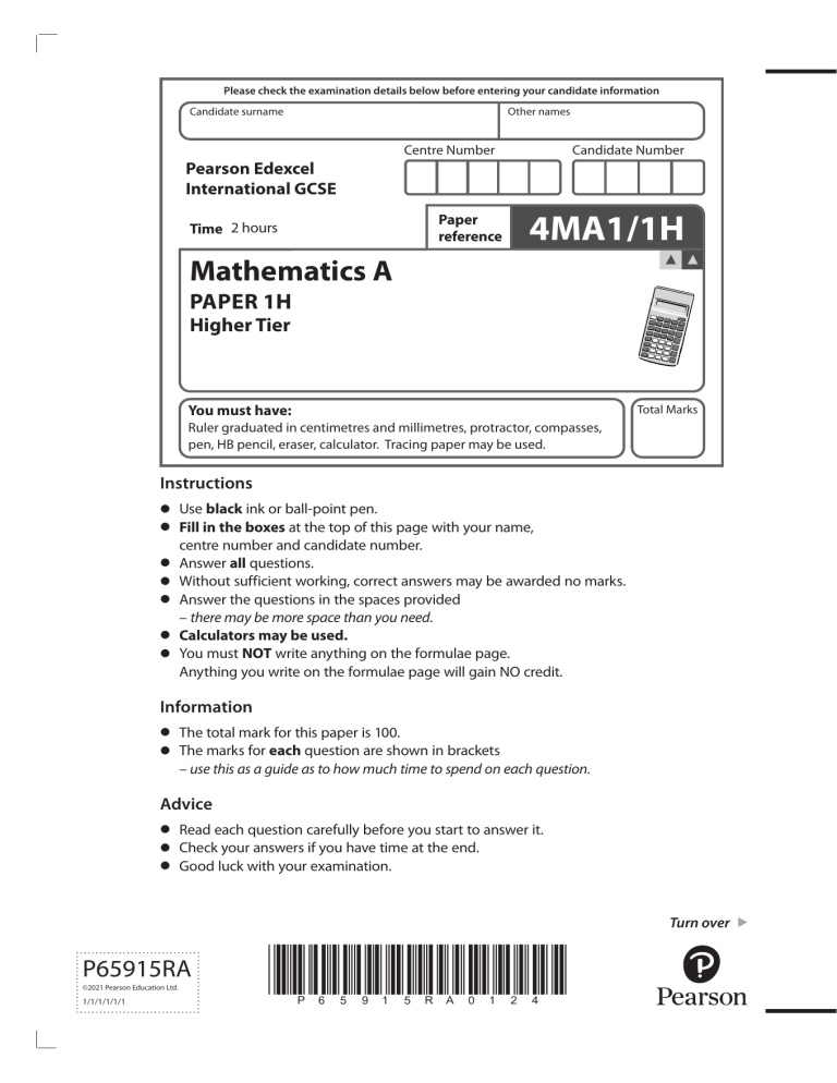 Mathematics A IGCSE Exam Paper 1H Higher Tier
