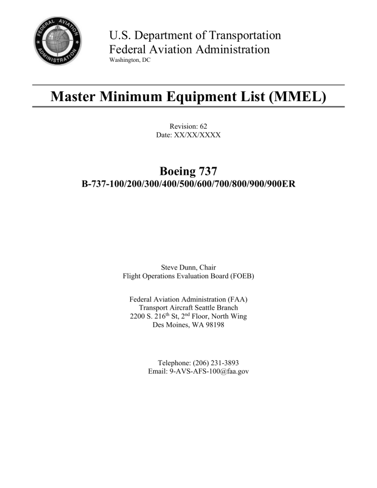Boeing 737 MMEL: Master Minimum Equipment List, Revision 62
