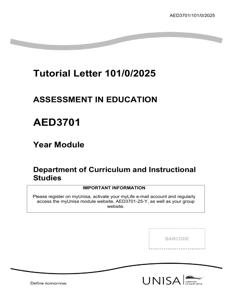 AED3701 Assessment in Education: Unisa Tutorial Letter