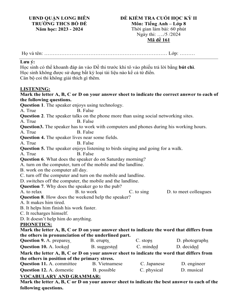 8th Grade English Exam - Semester II