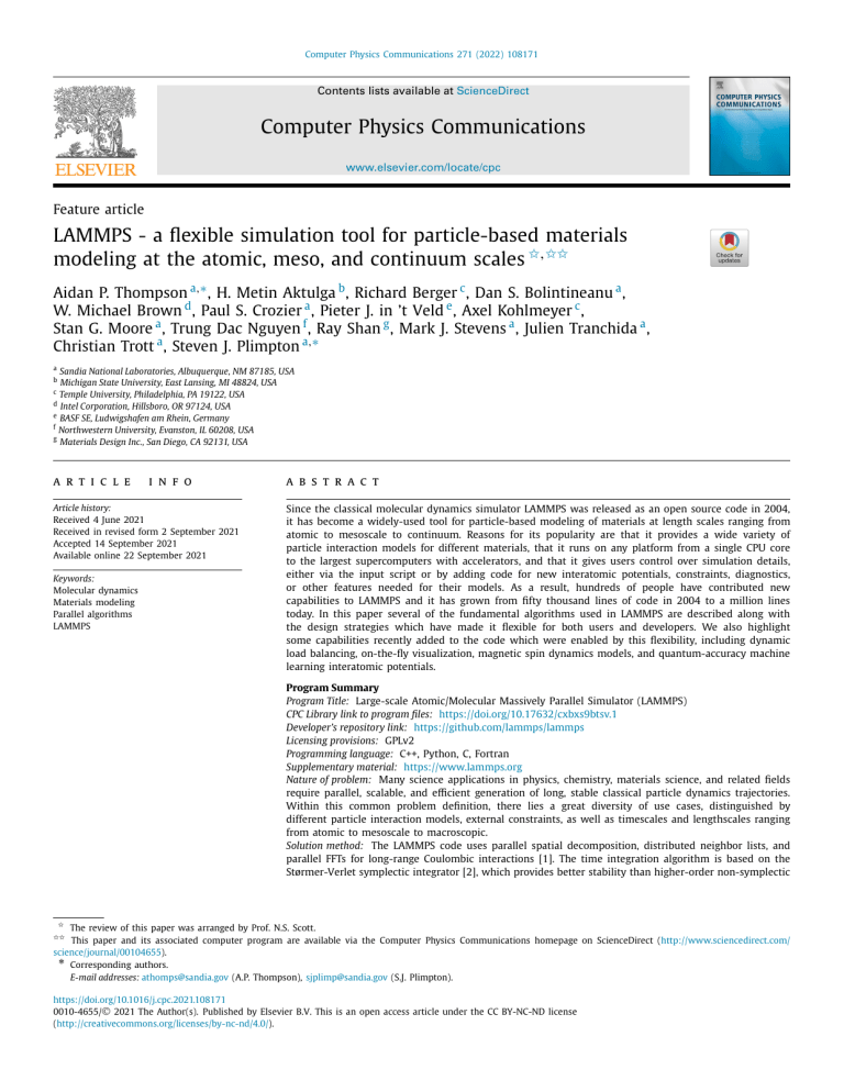 LAMMPS: Particle-Based Materials Modeling Simulation Tool