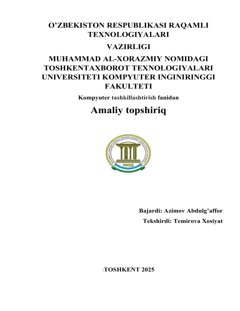 Kompyuter Tashkil qilish Amaliy Topshiriq