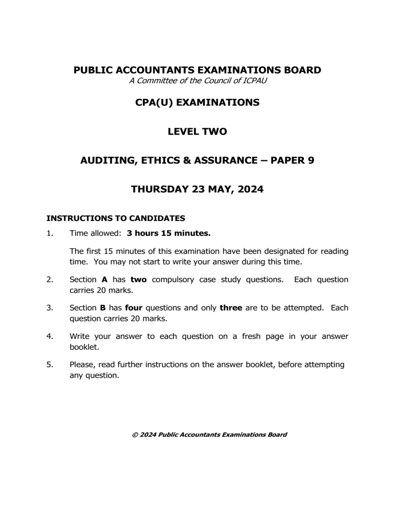 CPA(U) Auditing, Ethics & Assurance Exam Paper