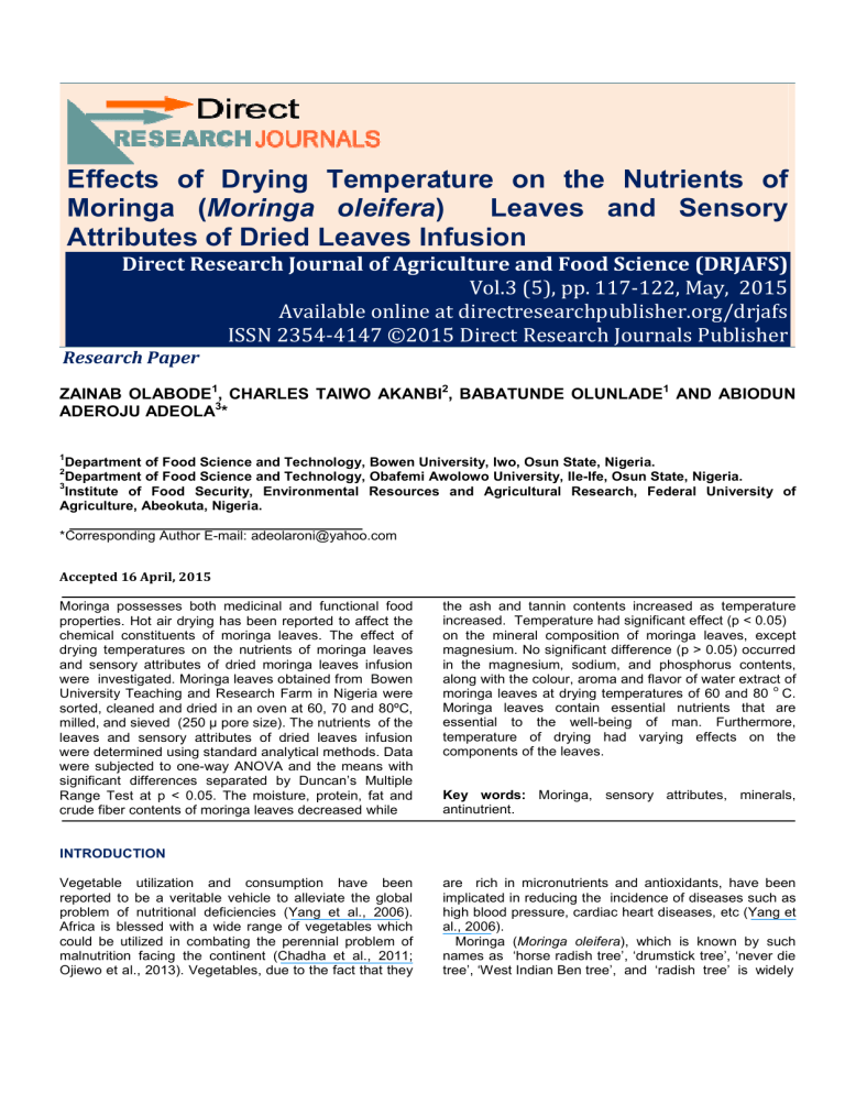 Moringa Drying: Temperature Effects on Nutrients & Sensory Quality