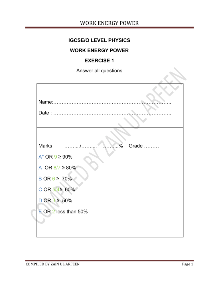 Work, Energy, Power IGCSE/O Level Physics Exercise