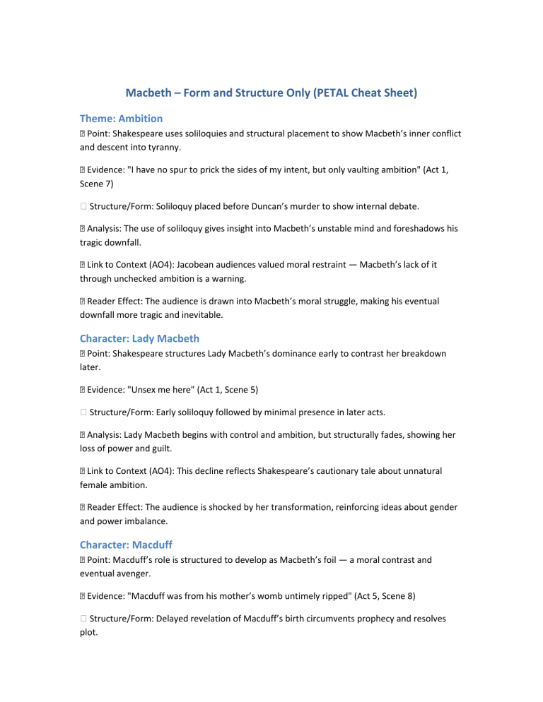 Macbeth: Form & Structure Cheat Sheet (PETAL Analysis)