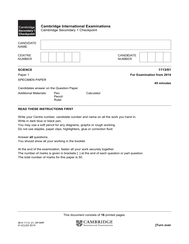 Cambridge Secondary 1 Science Specimen Paper