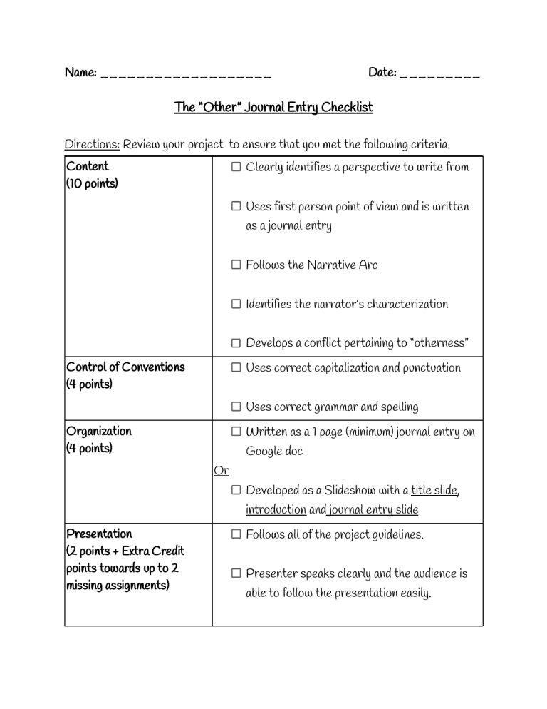 "Other" Journal Entry Checklist