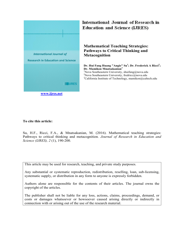 Math Teaching Critical Thinking And Metacognition