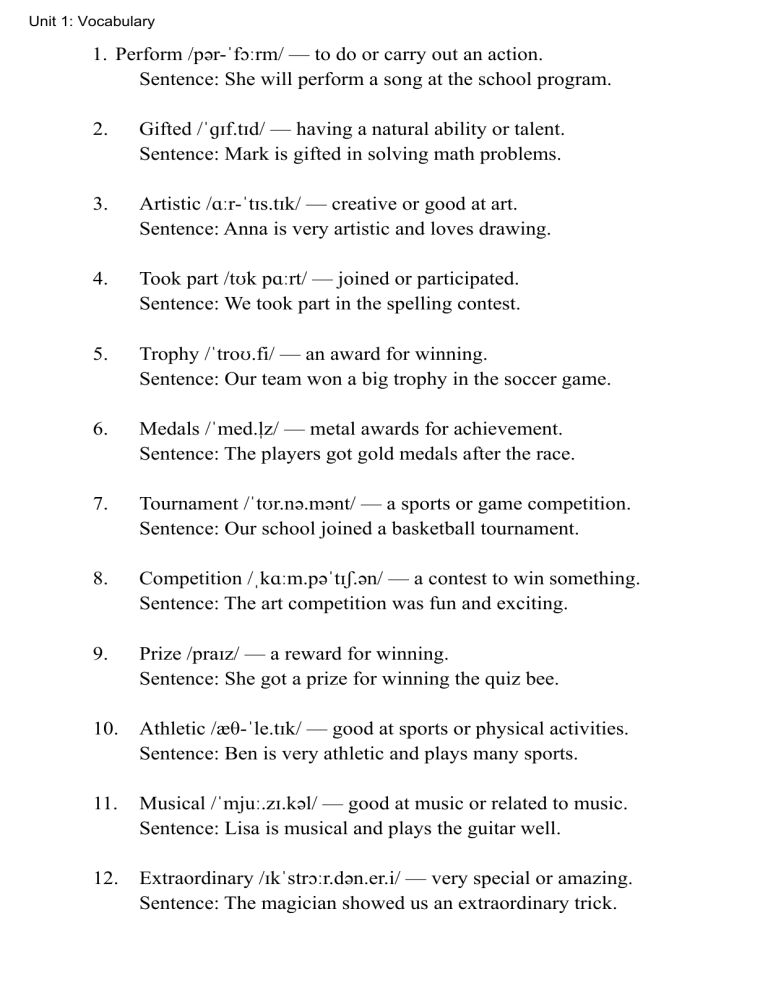 Unit 1 Vocabulary List: Skills and Achievements