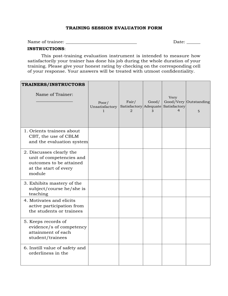 Training Session Evaluation Form