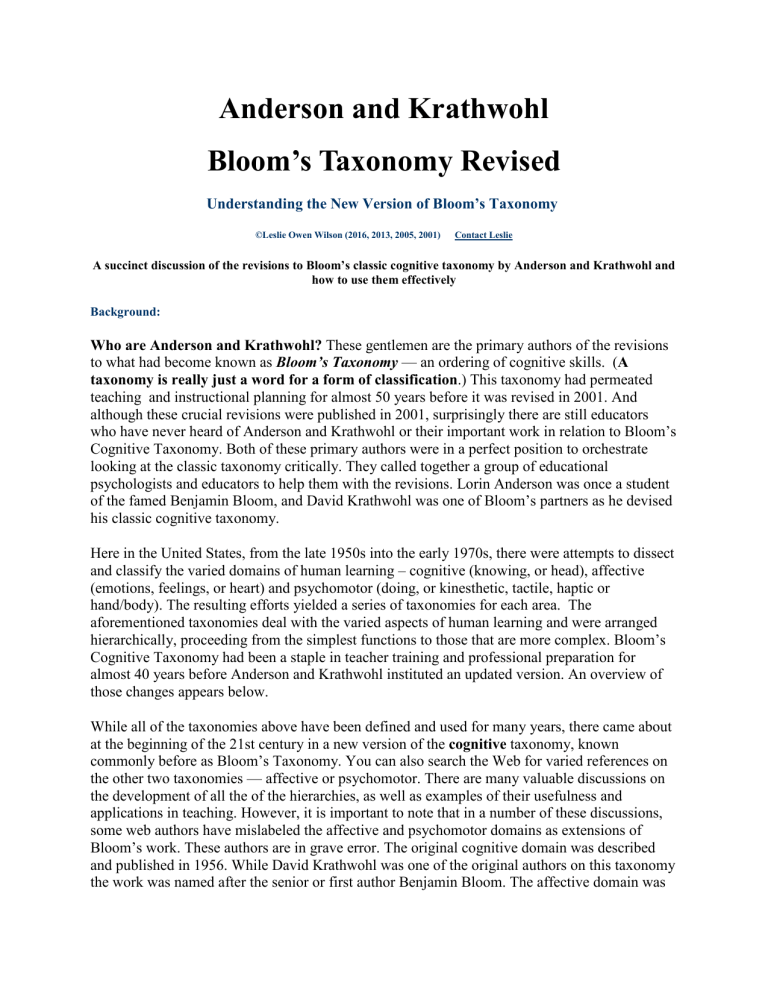 Bloom's Taxonomy Revised: Anderson & Krathwohl's Updates
