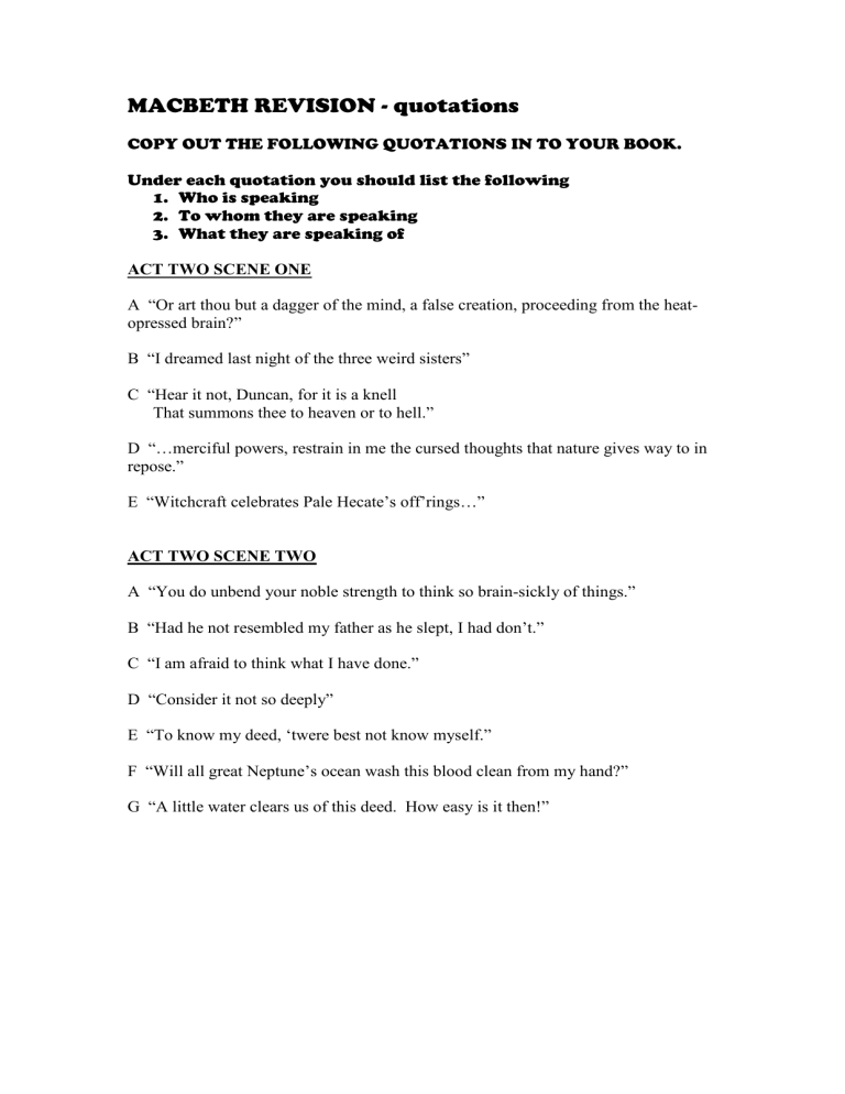 Macbeth Quotation Analysis Worksheet: Act 2