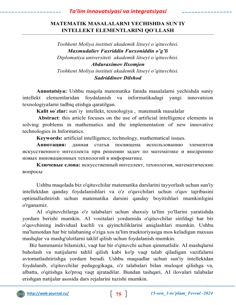 Sun'iy Intellekt Matematikada: Masalalarni Yechish