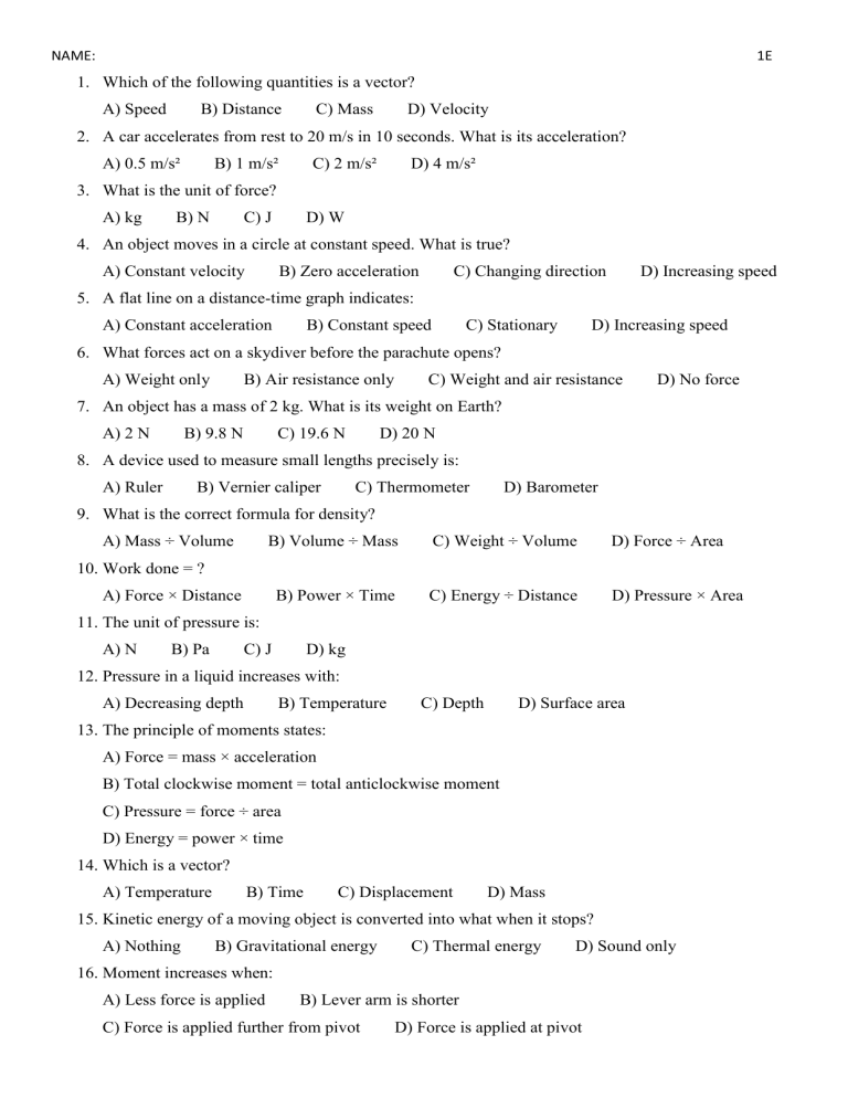Physics Test: Mechanics, Energy, Heat & Astronomy